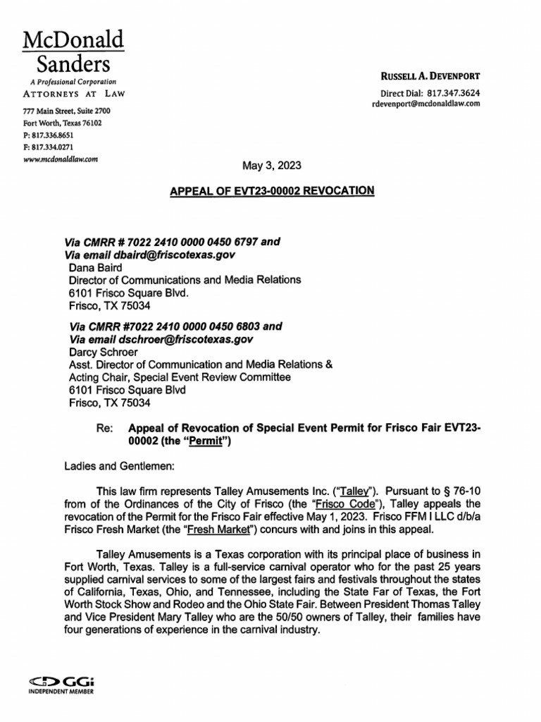 Letter To Frisco Appeal of Recovation | PDF