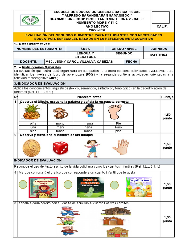 Evaluación Quimestral para Niños con NEE | PDF