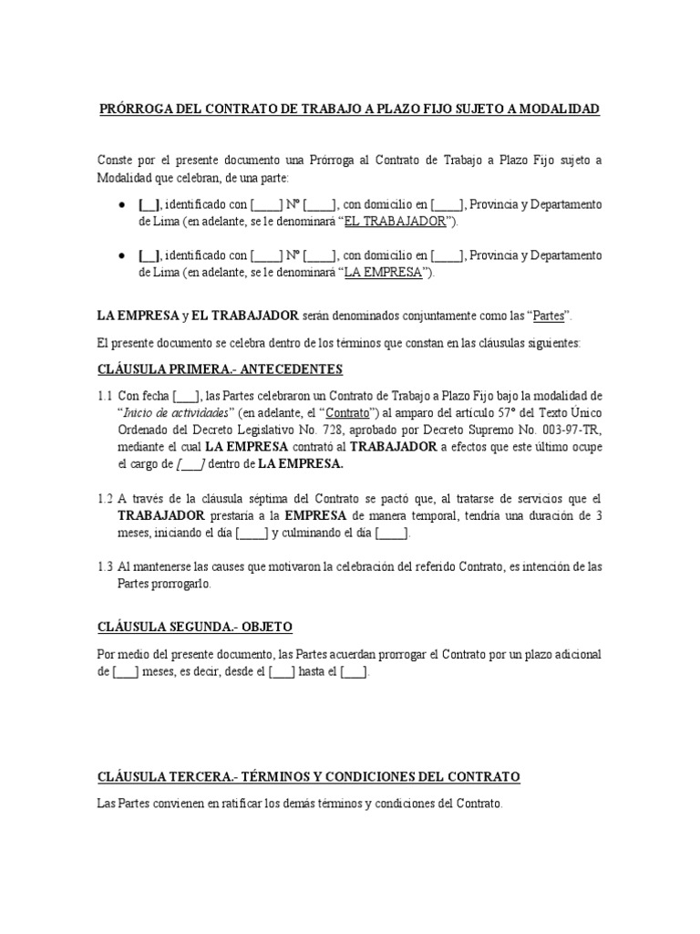 Prórroga Al Contrato de Trabajo A Plazo Fijo Sujeto A Modalidad (MODELO ...