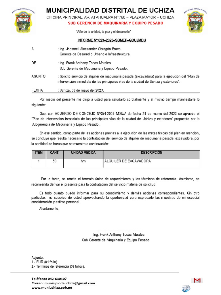 Informe N°023-2023 Solicito Servicio de Excavadora | PDF