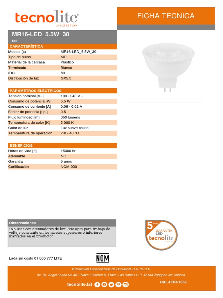 PV. MR16 - Bolardos - MR16-LED - 5.5W - 30 - DataSheet | PDF