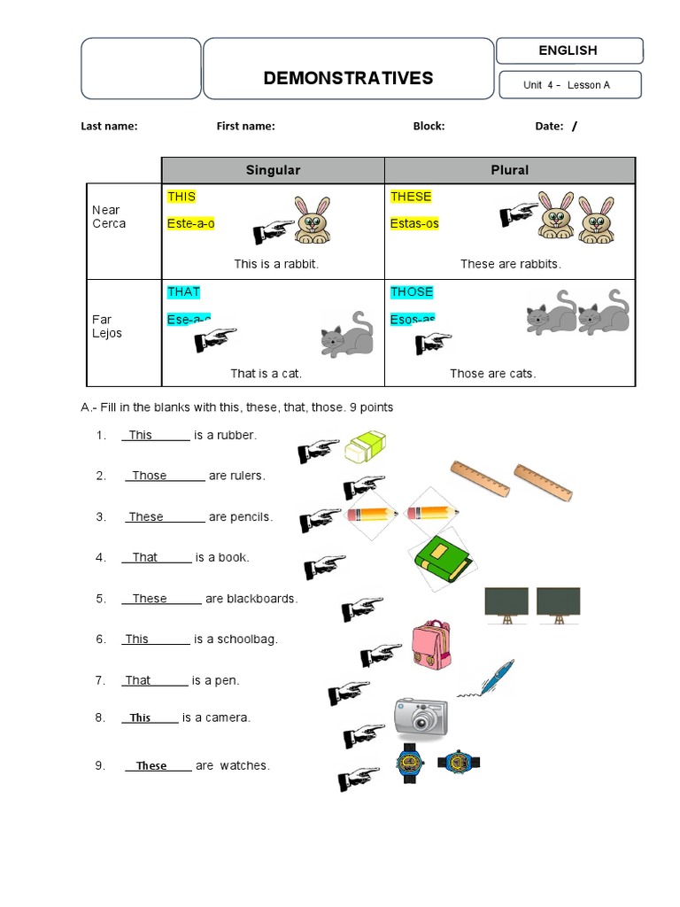 4 - A Demonstratives Worksheet | PDF | Language Arts & Discipline ...