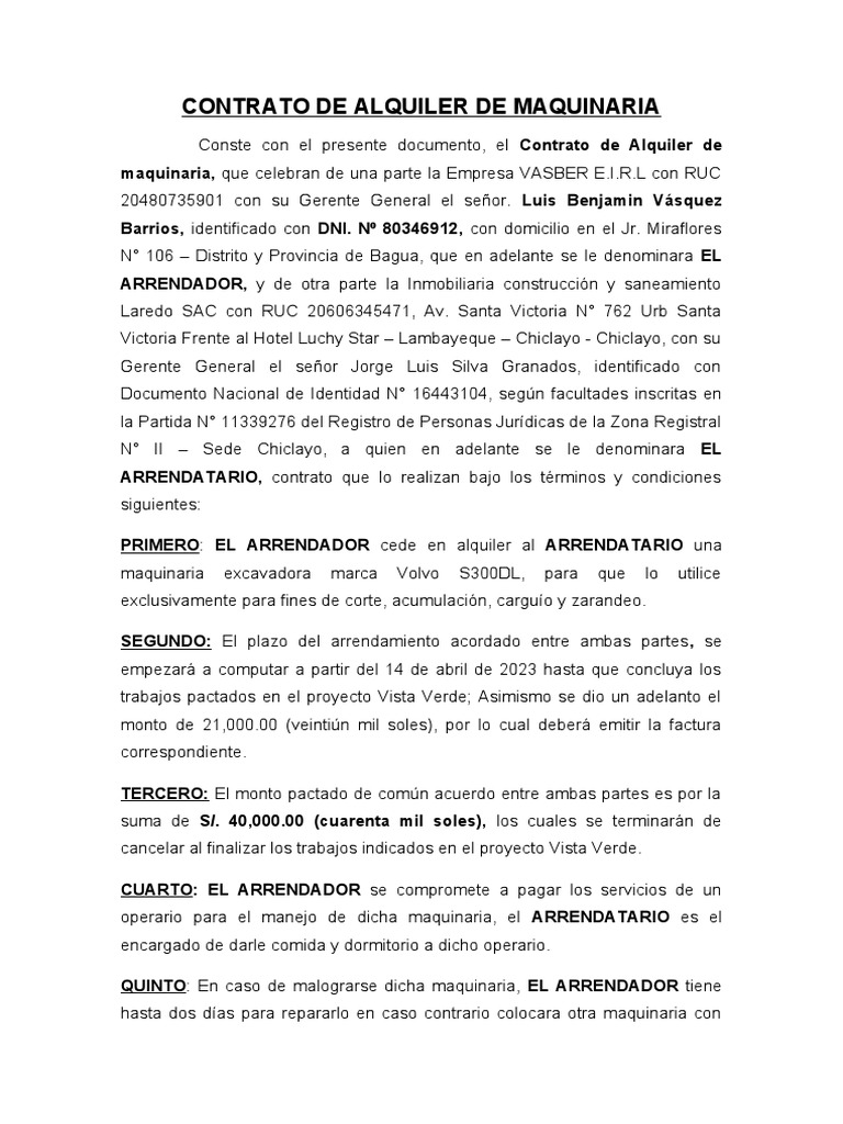 Contrato de Alquiler de Maquinaria | PDF
