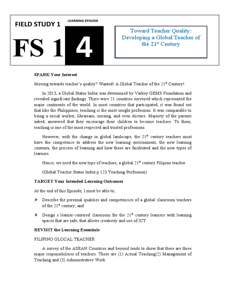 Field Study 1: Toward Teacher Quality: Developing A Global Teacher of ...