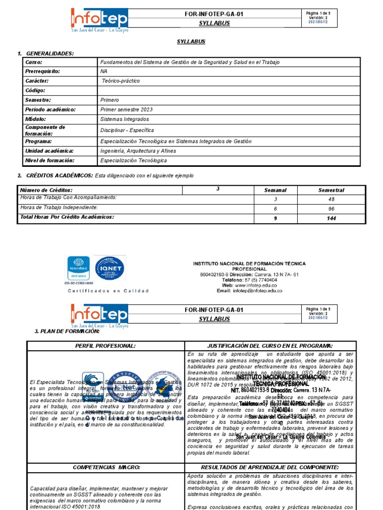 FOR-INFOTEP-GA-01 SYLLABUS 2021 Fundamentos Gesti N SST | PDF