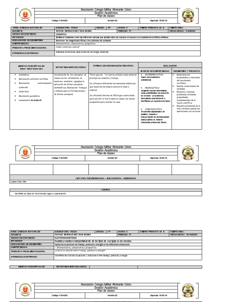 Plan de Clases 1 Periodo 2021 JUAN SANCHEZ FISICA MATEMATICAS | PDF
