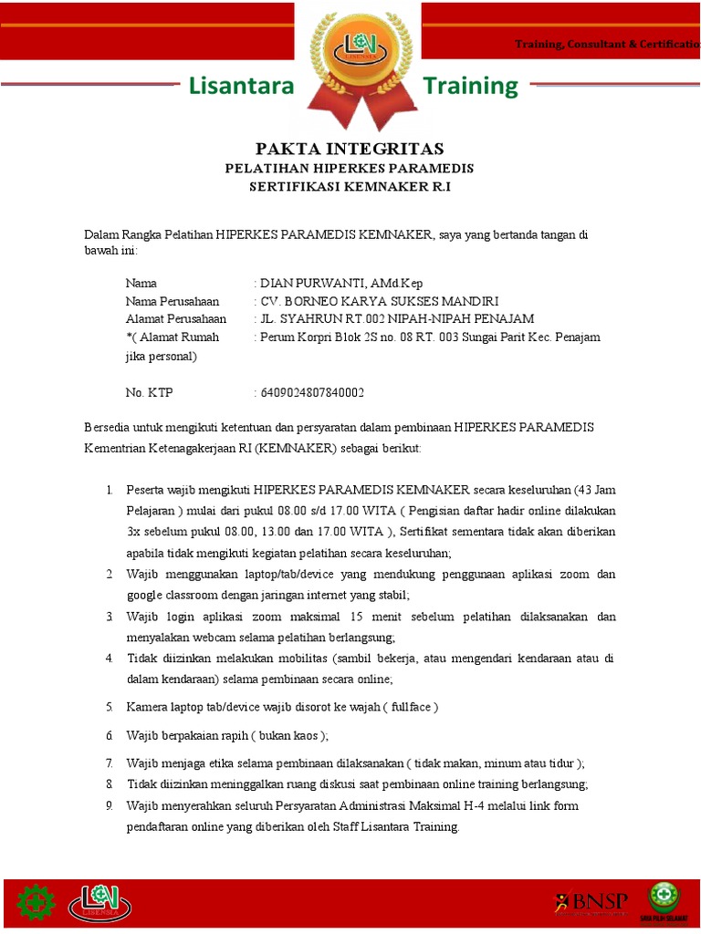 Pakta Integritas Hiperkes Paramedis | PDF