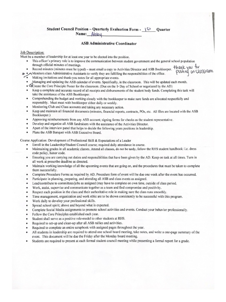 Student Council Position - Quarterly Evaluation Form | PDF
