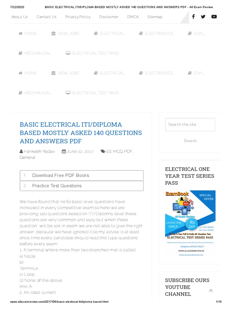 BASIC ELECTRICAL ITI - DIPLOMA BASED MOSTLY ASKED 140 QUESTIONS AND ...