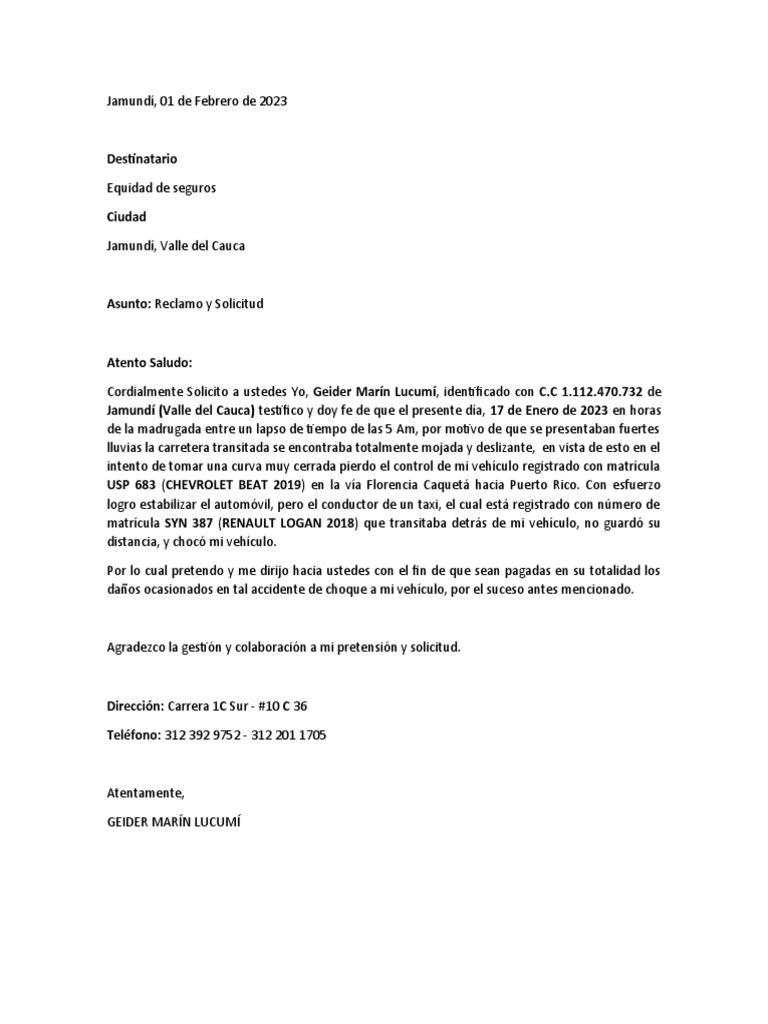 Carta Formal de Reclamo | PDF Carta Formal de Reclamo | PDF