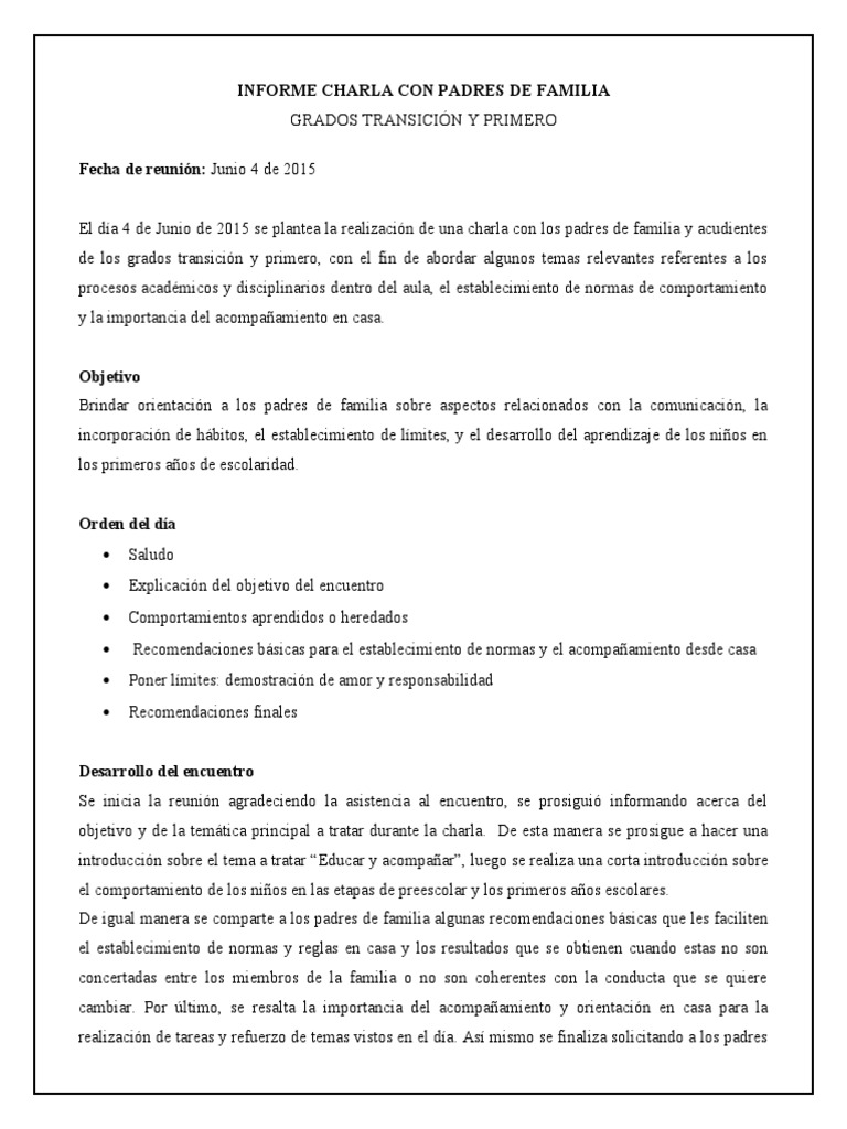 Informe Charla Padres de Familia T y 1. | PDF | Educación de la primera infancia | Aprendizaje