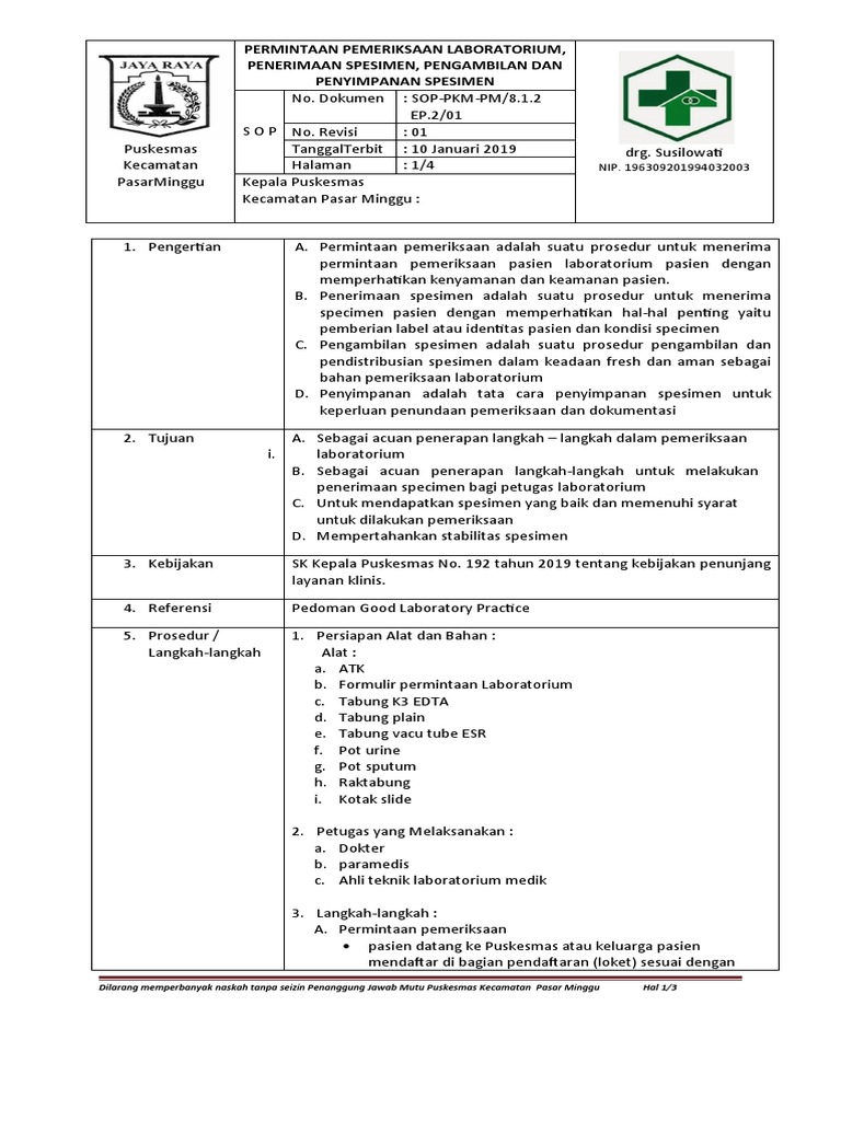 Sop Permintaan Pemeriksaan Laboratorium, Penerimaan Spesimen, Pengambilan Dan Penyimpanan ...