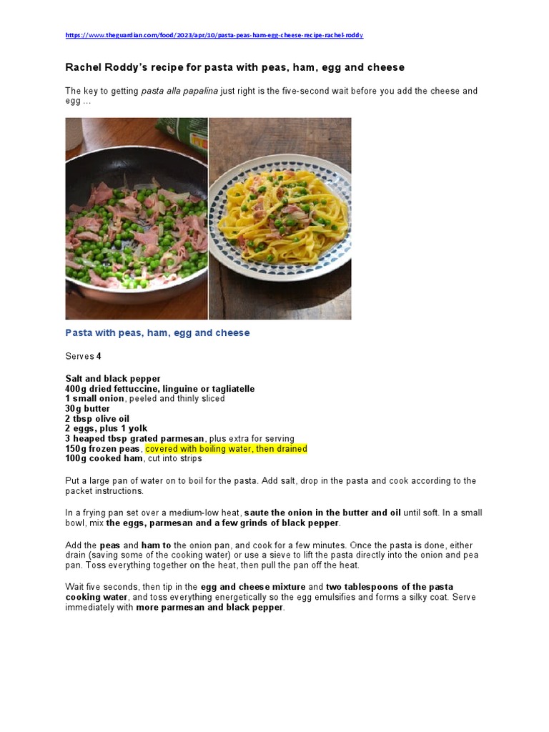 Pasta with peas, ham, egg and cheese.docx | PDF