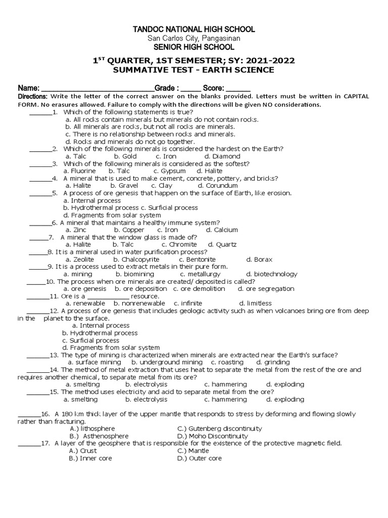 earth-science-SUMMATIVE-TEST.docx | PDF