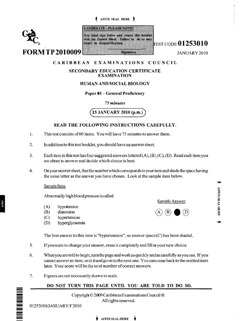 CSEC Human and Social Biology January 10 P1 PDF | PDF