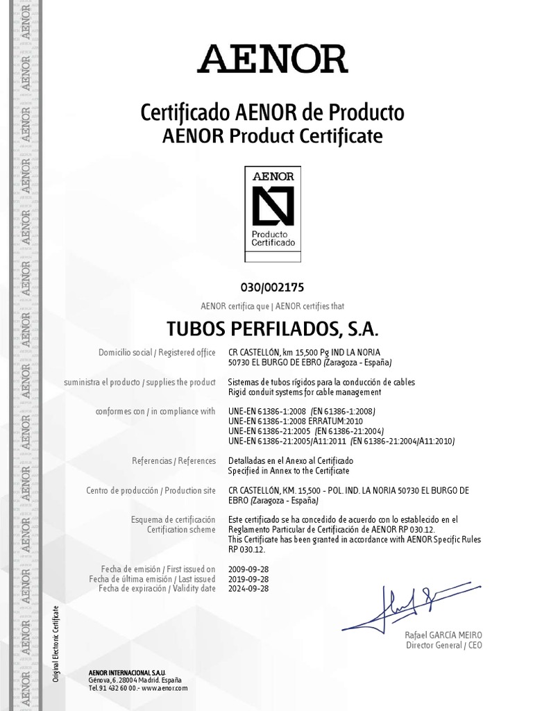 Certificado Aenor Sistemas de Tubos Rígidos 61386 21 Tuperplas - 2019 | PDF