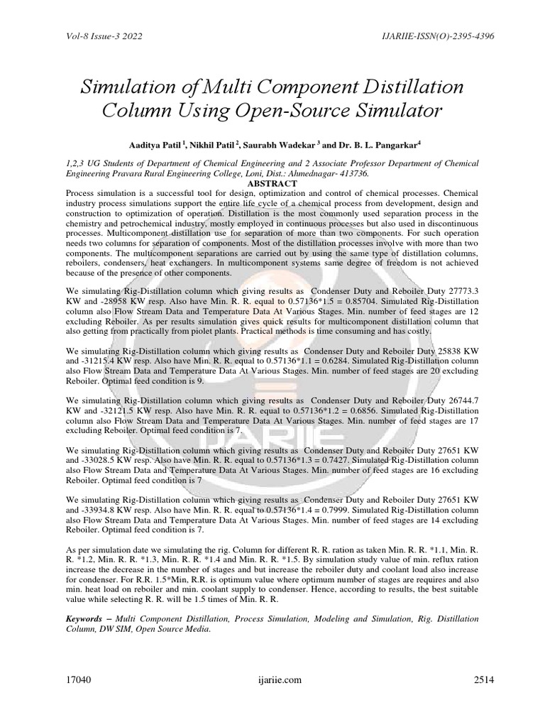 Simulation of Multi Component Distillation Column Using Open Source Simulator Ijariie17040 | PDF ...