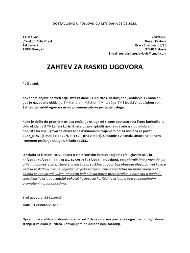 Zahtev Za Raskid Ugovora | PDF