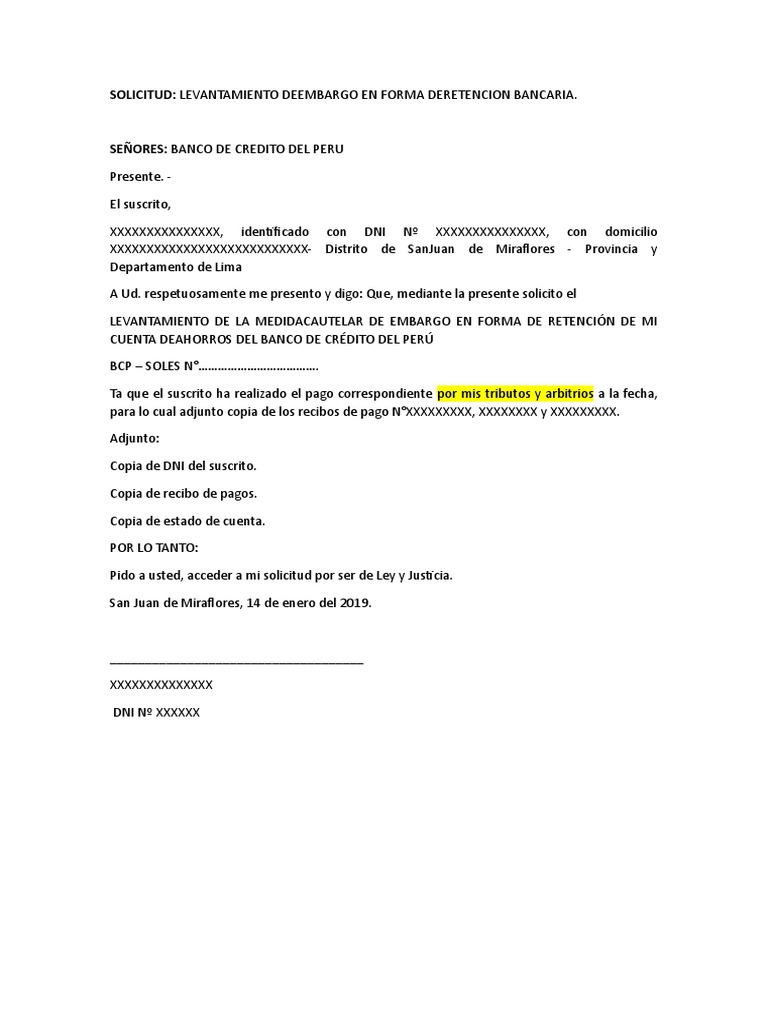 SOLICITUD LEVANTAMIENTO DE EMBARGO | PDF