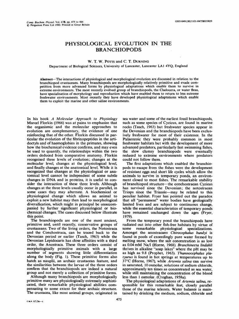 Potts & Durning (1980) - Physiological Evolution in The Branchiopods ...