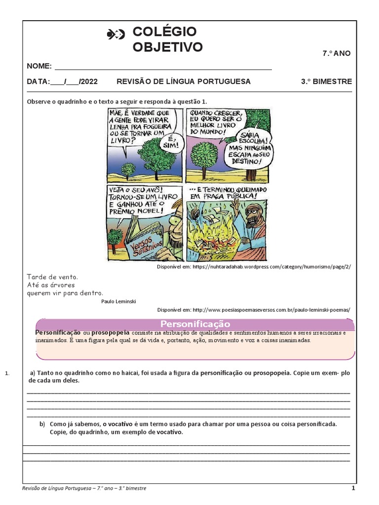 Exercicios Portugues RO 7ano 3bim Páginas 1 6 | PDF