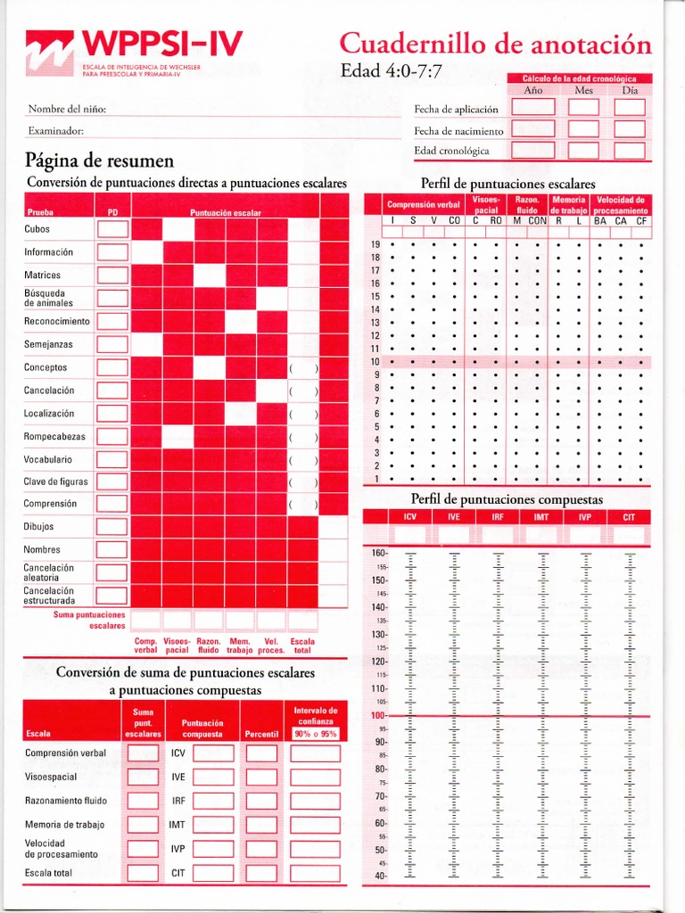 Wppsi-Iv Cuadernillo Resumen 4.0-7.7 | PDF