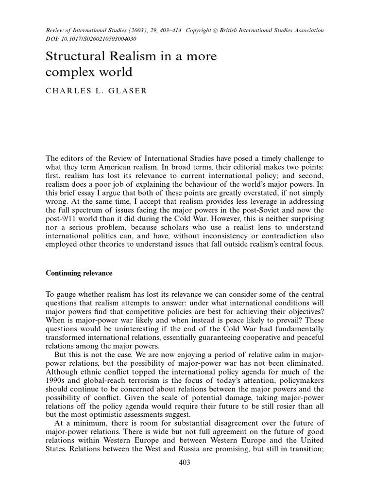 Structural Realism in A More Complex World - Charles Glaser (RIS) | PDF