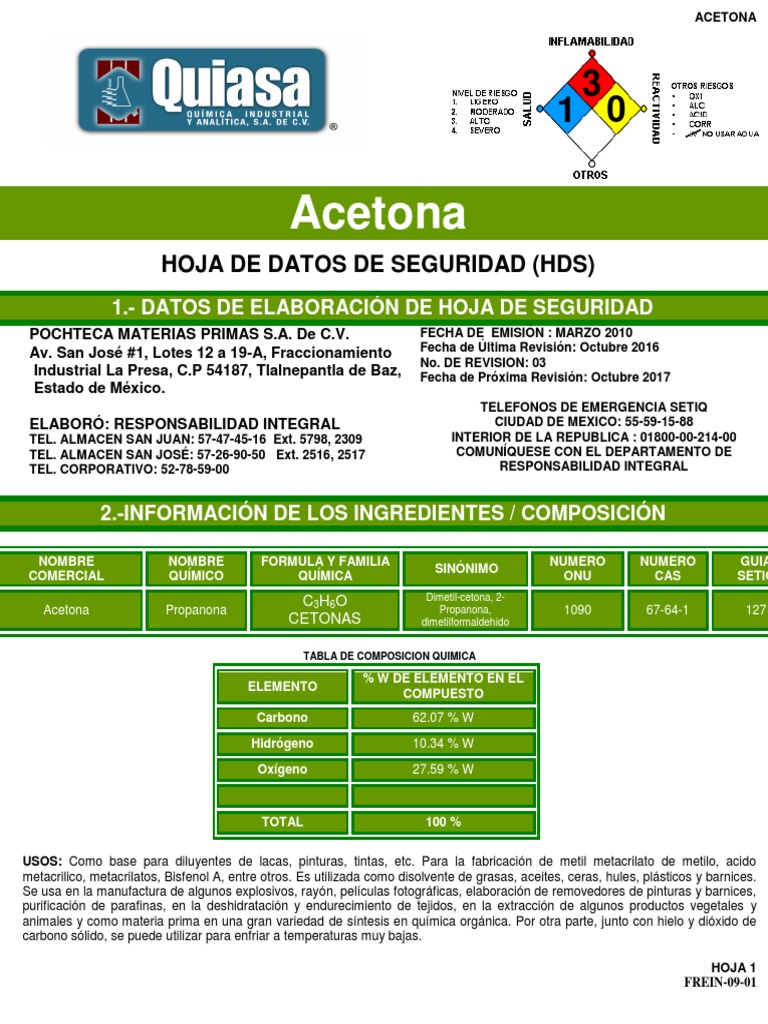 Acetona Solventes - HDS Hoja de Seguridad PDF | PDF