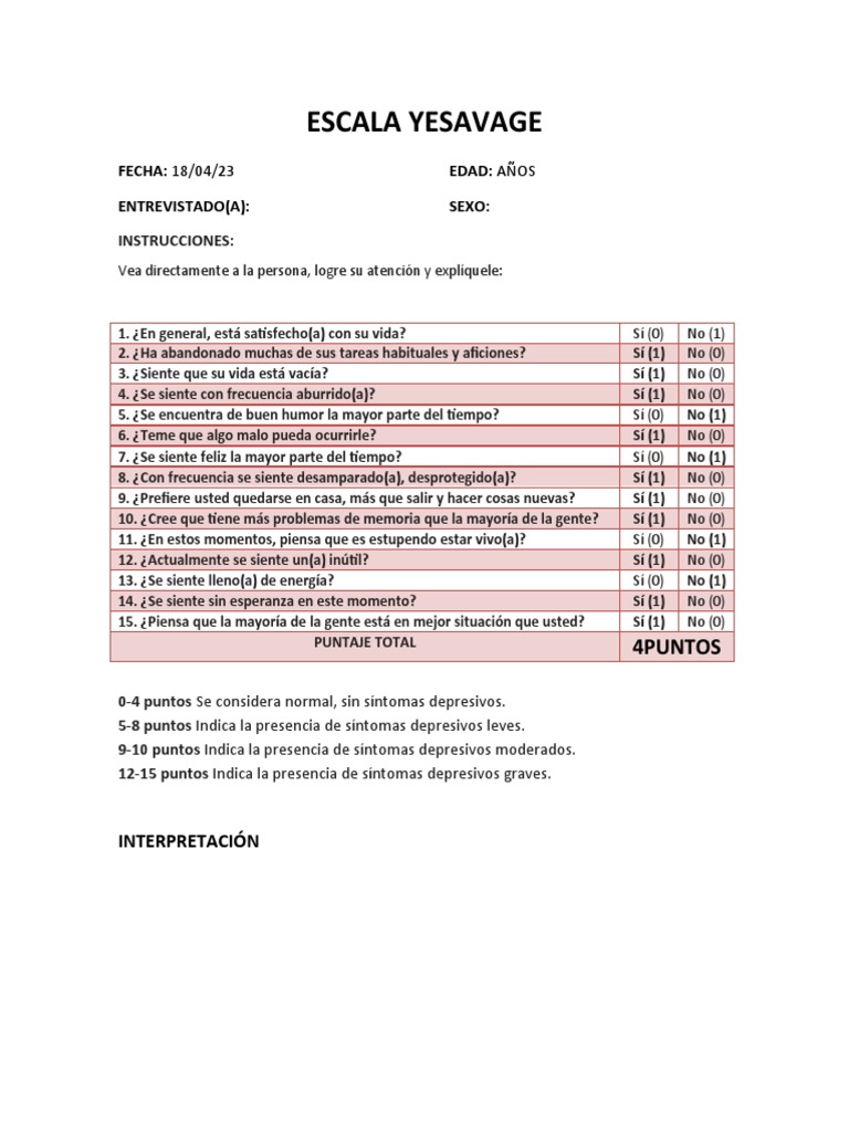 Escala Yesavage: Evaluación Depresiva | PDF | Relaciones personales ...