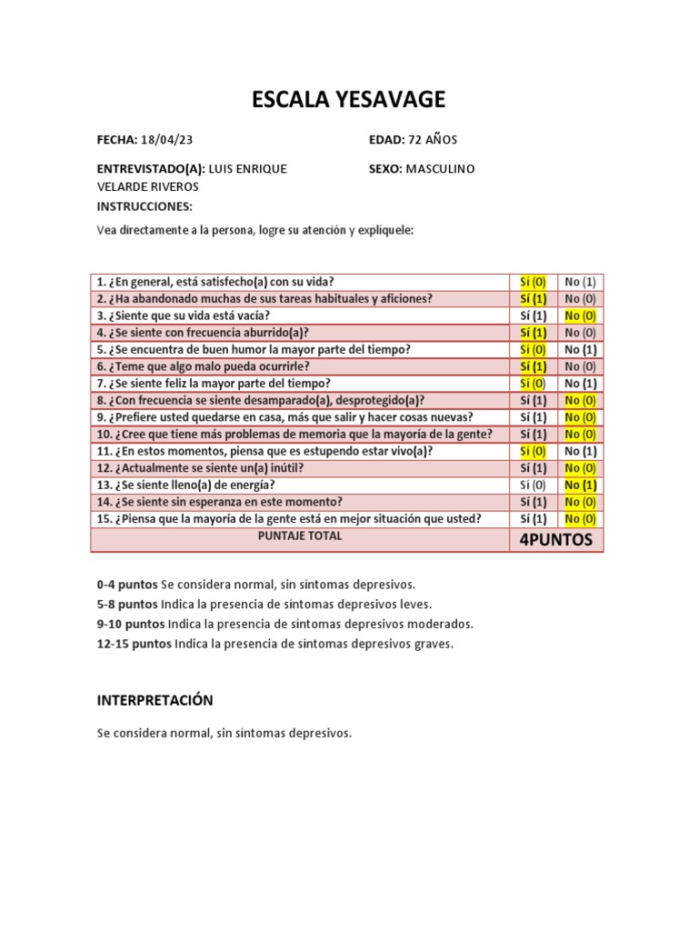 Escala Yesavage PDF | PDF | Relaciones personales, crianza y desarrollo personal
