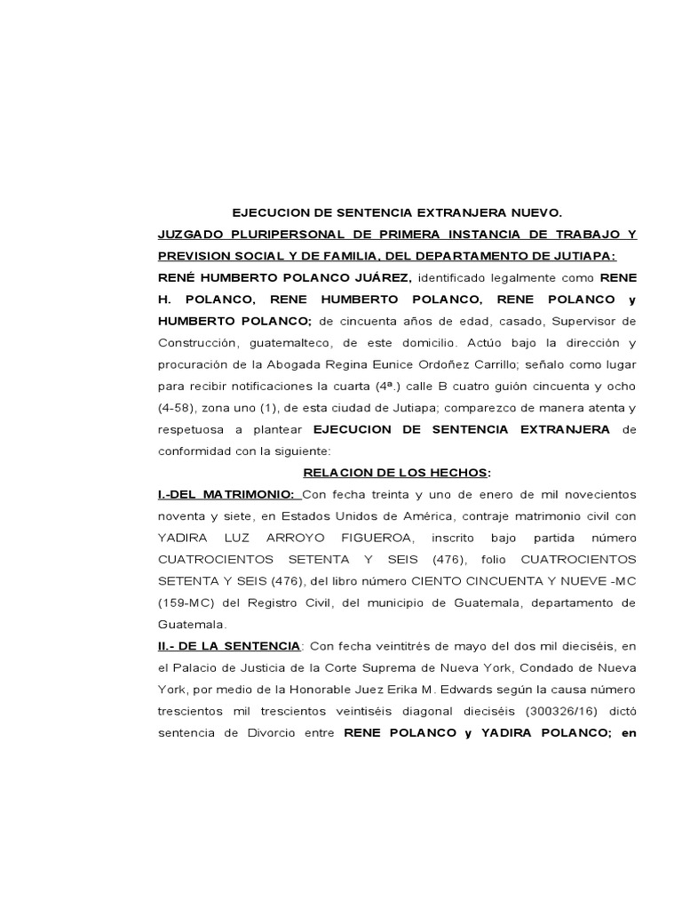 EJECUCION DE SENTENCIA EXTRANJERA René Polanco DIVORCIO | PDF