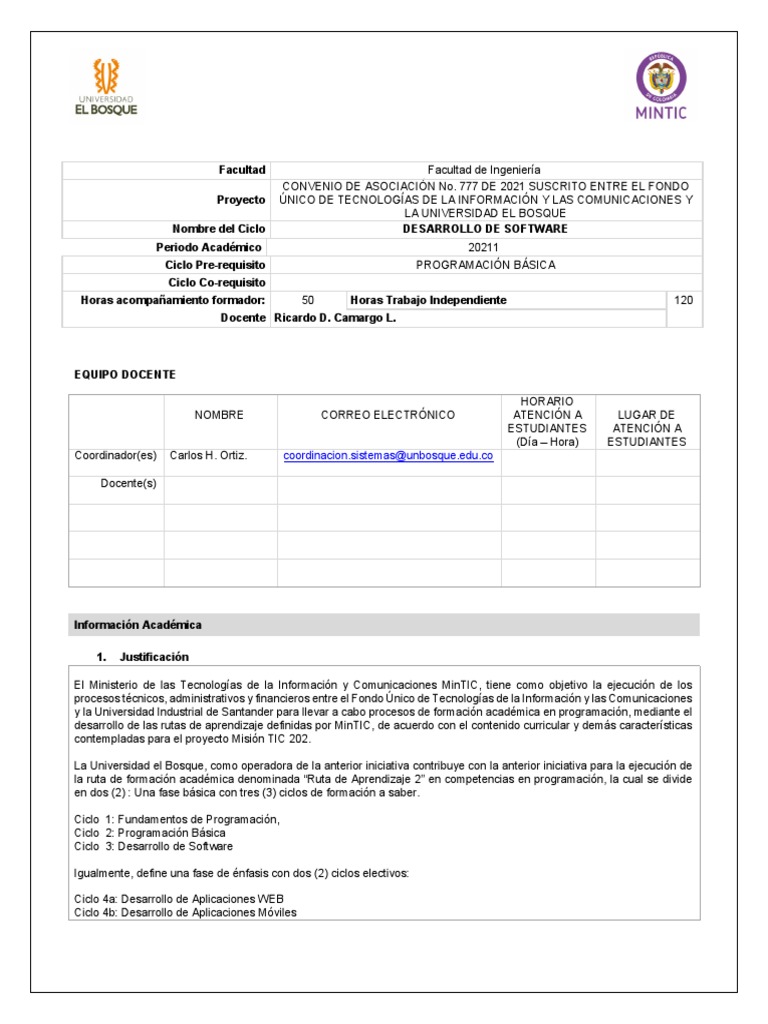 Ciclo 3 - Formato - Syllabus - Proyecto - Mintic - Desarrollo - Software | PDF