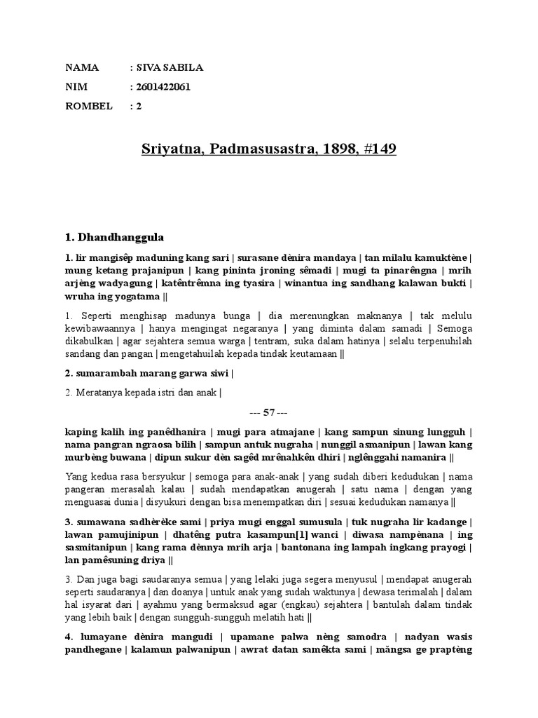 Terjemahan Sriyatna, Padmasusastra, 1898, #149 SIVASABILA | PDF