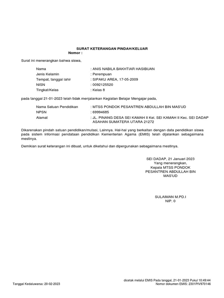 Mutasi Keluar - Surat Keterangan - ANIS NABILA BAKHTIAR HASIBUAN PDF | PDF