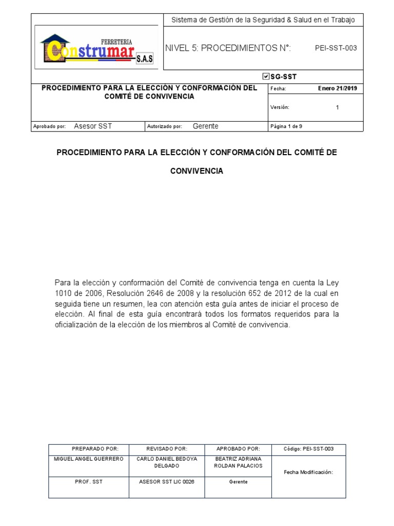 Procedimiento para la elección y conformación del Comité de Convivencia Laboral | PDF ...