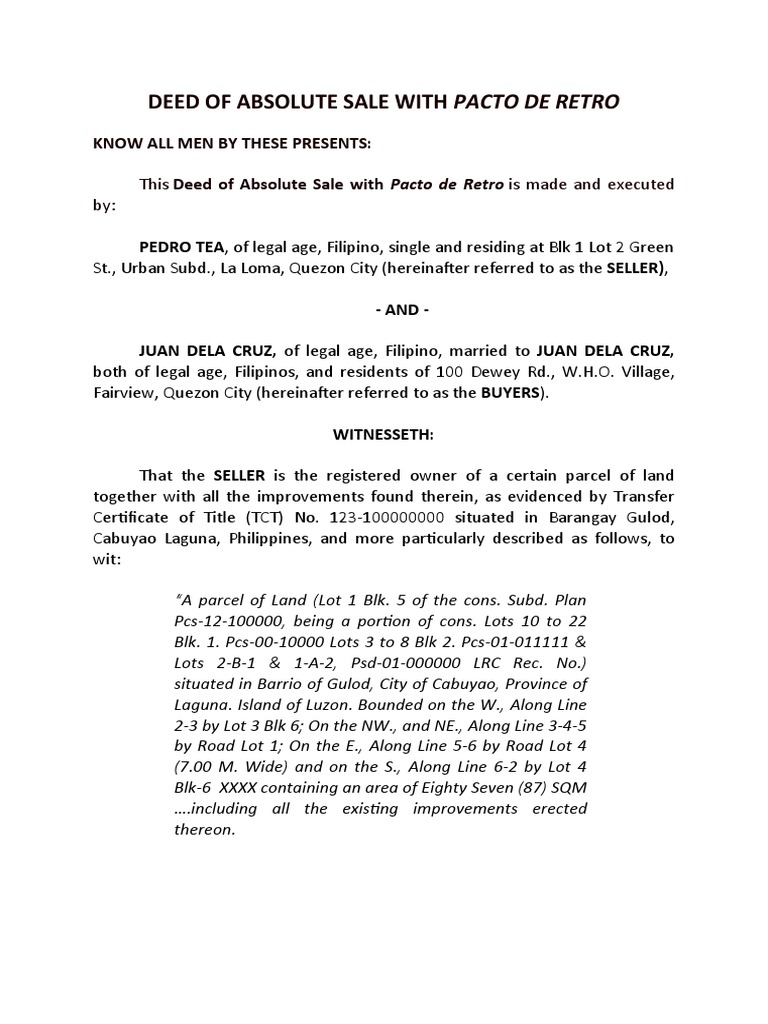 Deed-of-Absolute-Sale-with-Pacto-De-Retro.docx | PDF