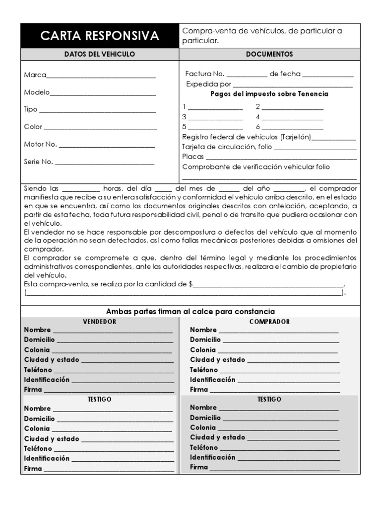 CARTA RESPONSIVA VEHICULO USADO | PDF