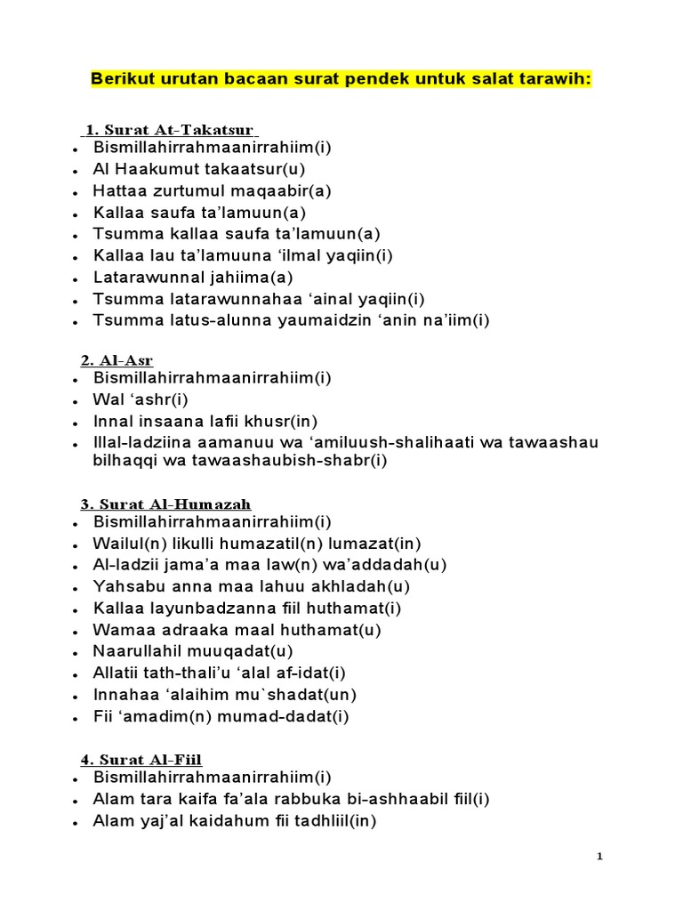 Berikut Urutan Bacaan Surat Pendek Untuk Salat Tarawih | PDF