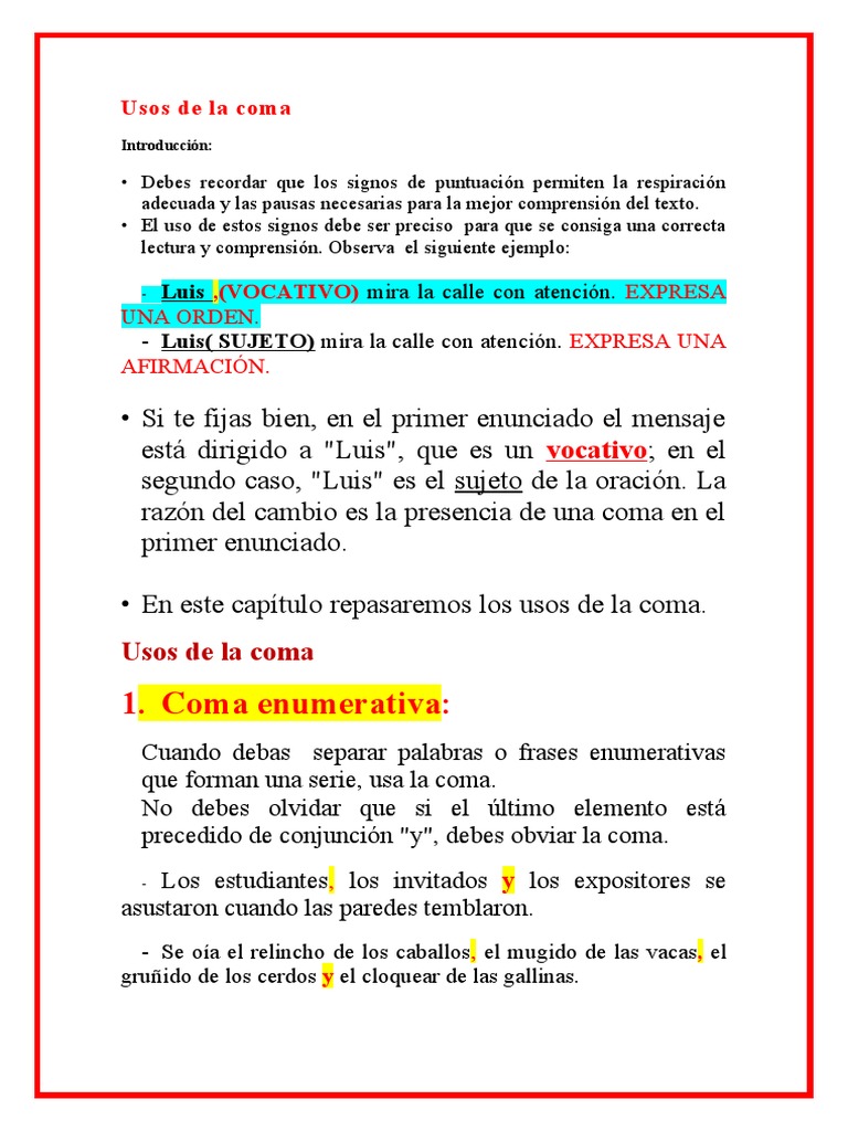Usos de La coma-TERCER AÑO 2023 | PDF