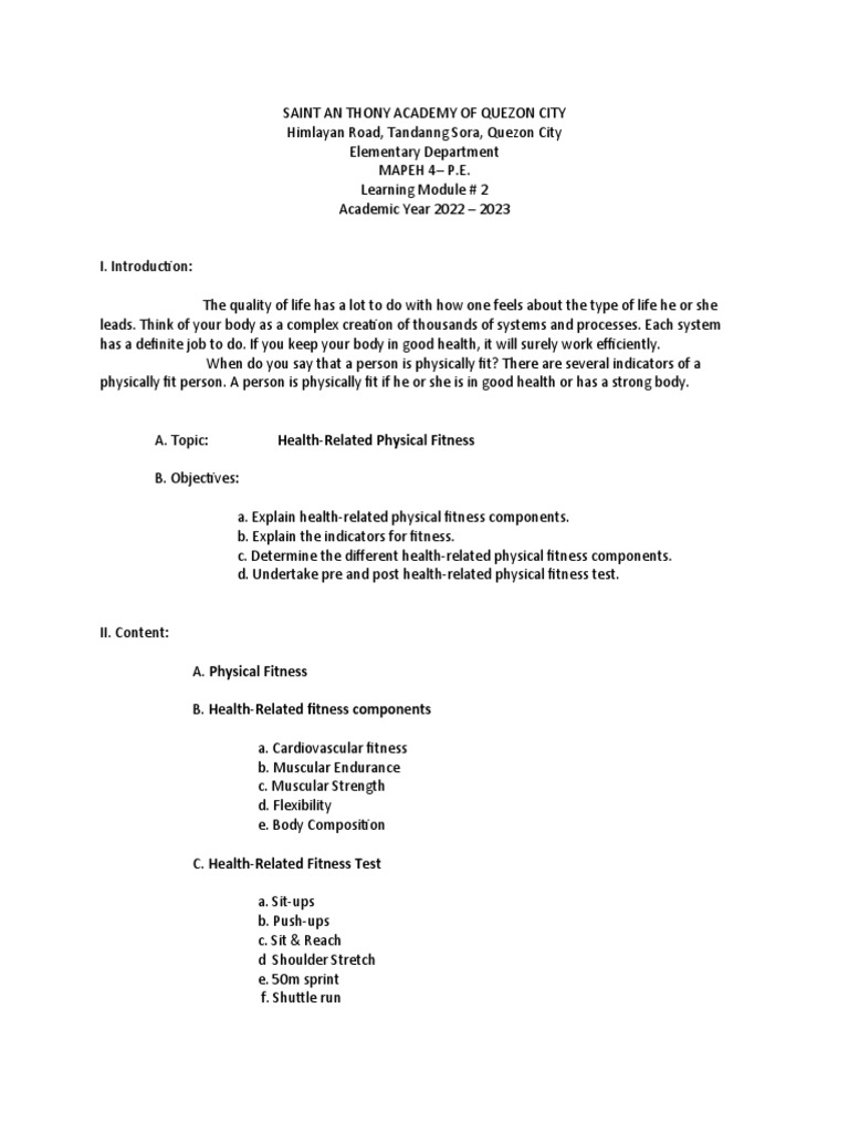 Learning Module # 2 Mapeh 5 P.E | PDF | Physical Fitness | Skeletal Muscle