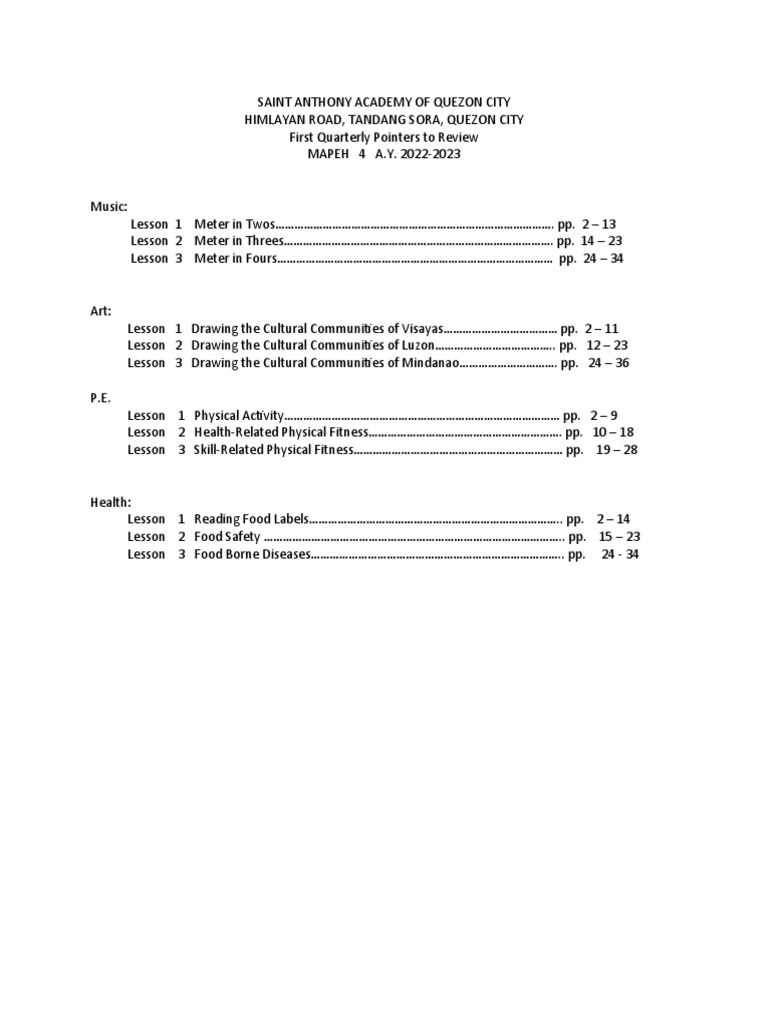 First Quarter Pointers To Review Mapeh 4 | PDF