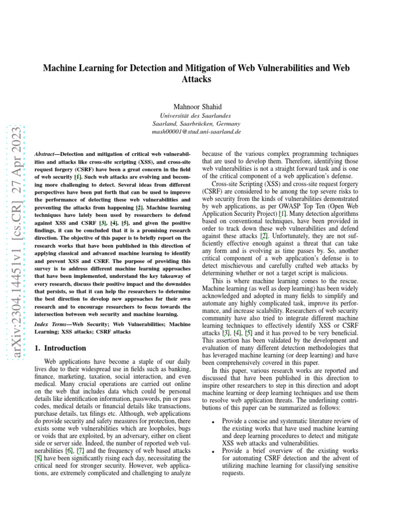 Machine Learning For Detection And Mitigation Of W Pdf