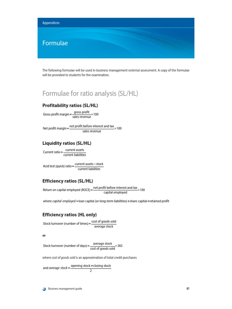 Formula Sheet For IB Business Management (Extended) | PDF