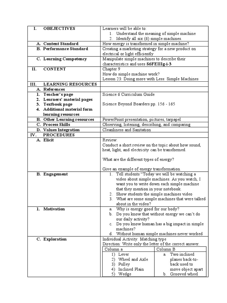 Simple Machines Lesson Plan for Grade 6 | PDF