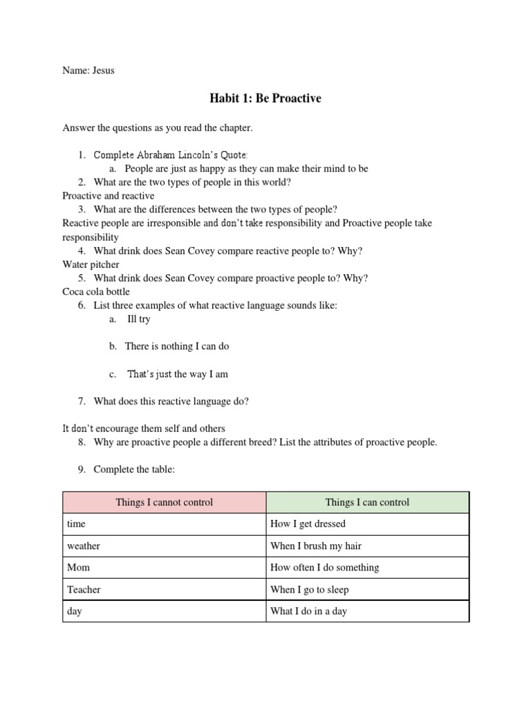 Worksheet 2 Habit 1 Be Proactive 1 | PDF