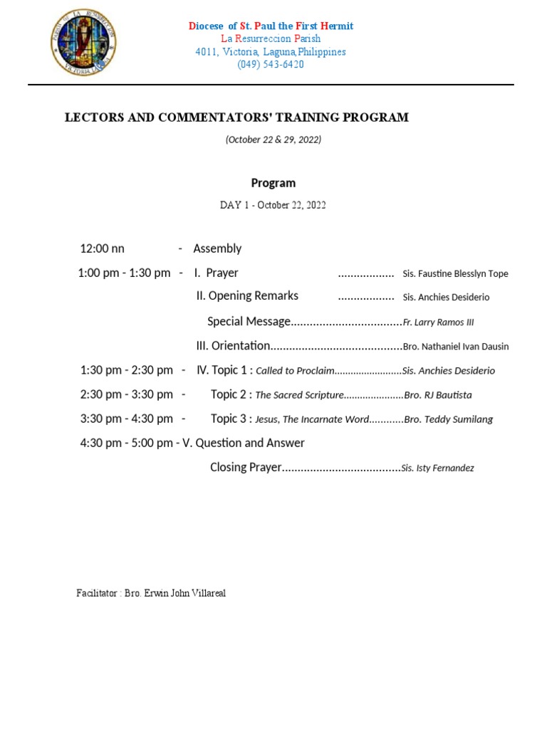 Lectors Training Program Schedule | PDF | Philosophy | Religion ...