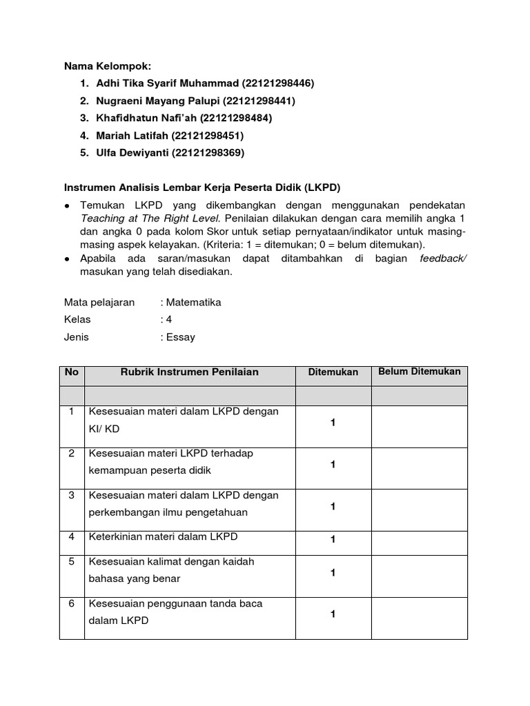 Tugas 4 Instrumen Analisis Lembar Kerja Peserta Didik (LKPD) | PDF