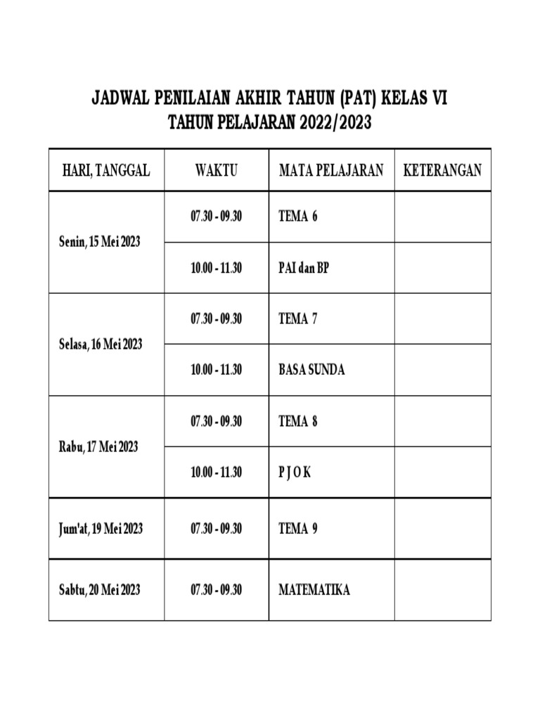JADWAL PAT 2023 - Kls 6 PDF | PDF