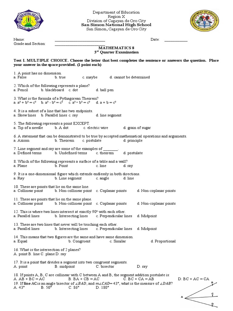 Math 8 3rd Quarter Exam | PDF