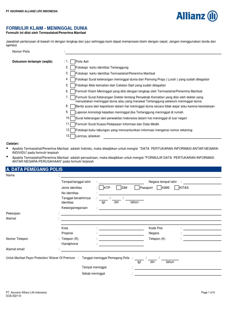Formulir Klaim Meninggal Dunia Di Isi Oleh Ahli Waris Atau Penerima ...